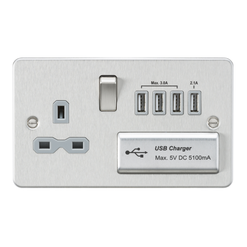 Knightsbridge Flat Plate 13A Switched Socket Quad USB Charger Grey ...