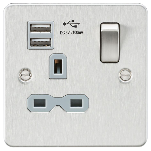 Knightsbridge Flat Plate 13A 1G Switched Socket Dual USB 2.1A Grey ...