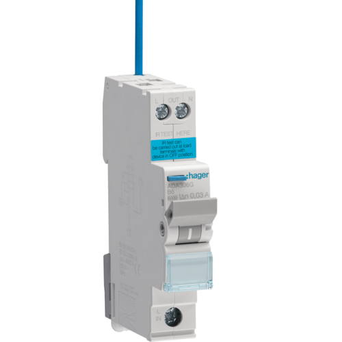 Hager ADA306G Small RCBO B Curve Type A 6 Amp 30mA 6kA (White) UK
