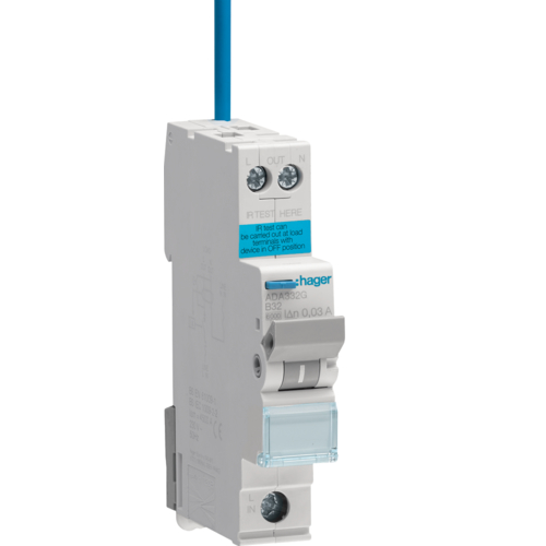 32A single module RCBO, hager consumer units, RCBOs, ADA332G, Hager UK